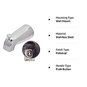 Tub Spout with Front Diverter, 1/2 inch IPS Female Front End Thread, 5-1/4 inch Overall Length, for 4 inch to 4-3/8 inch Length Galvanized Pipe Nipple, Polished Chrome Finish