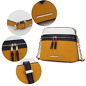 MKF Crossbody Bag for Women – PU Leather Pocketbook Handbag – Designer Side Messenger Purse, Shoulder Crossover Mustard Navy