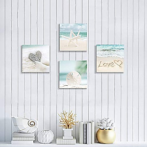 UTOP-art Aqua Beach Seashell Pictures Artwork: Love & Starfish Canvas Print Wall Art for Bathroom (12'' x 12'' x 4 Panels)