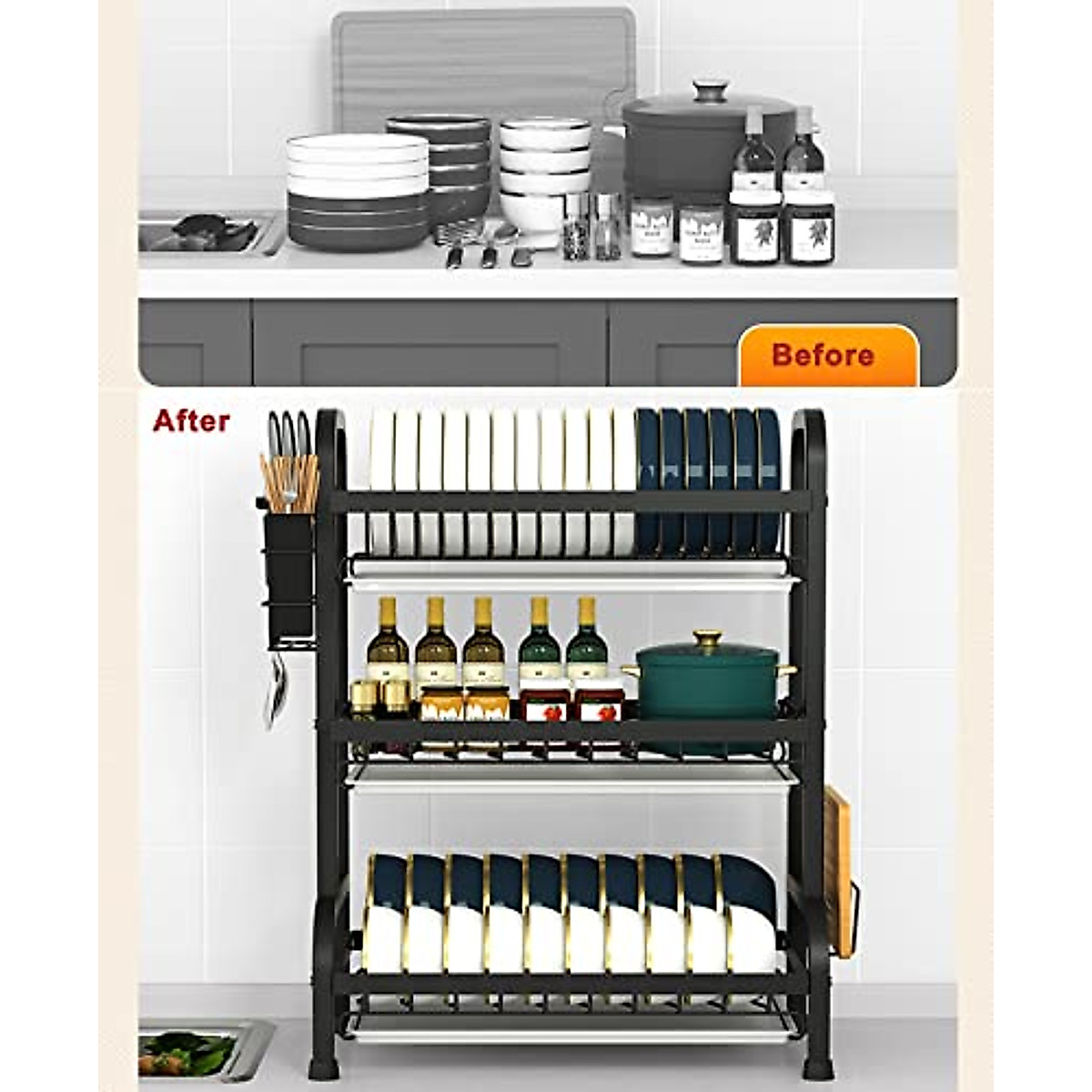 Dish Drying Rack, 3-Tier Large Capacity Kitchen Dish Rack Drainboard Set,Carbon Steel Dish Drainer Rack with Drip Tray & Utensil Holder, Cutting Board Holder and Dish Drainer for Kitchen (Black)