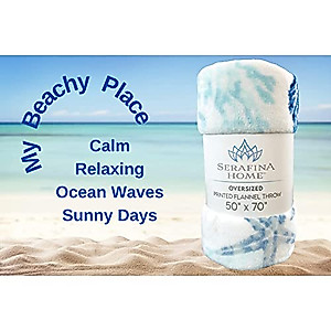 Ocean Life Coastal Throw Blanket: Soft Plush Velvet Fleece Calming Hues of Blues Beige on White, Accent for Sofa Couch Chair Bed or Dorm (Coastal Shells)