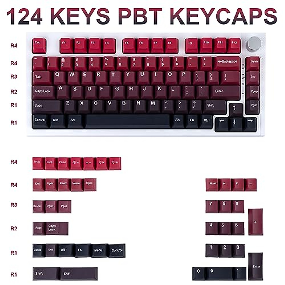 GEKUCAP Custom Keycaps, 124 Keys Gradient Red & Black Keycaps, Cherry Profile PBT Keycaps, Dye Sublimation Keycaps Set Fit for 61/68/87/104/108 Cherry Mx Switches Gaming Mechanical Keyboard