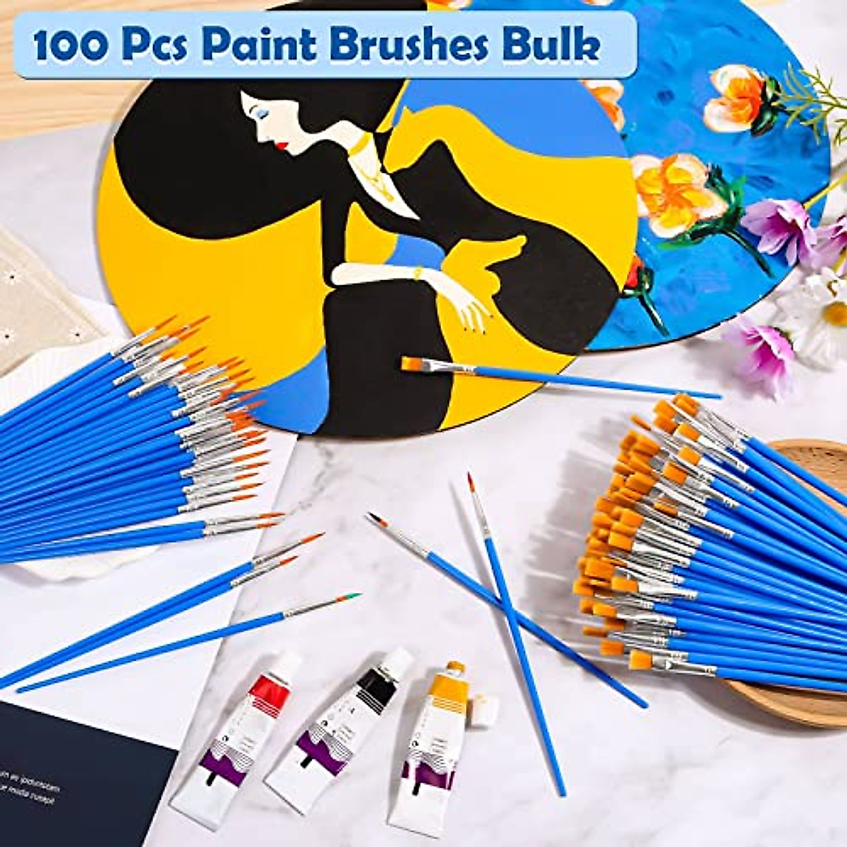 Small Paint Brushes Bulk, Anezus 100 Pcs Paint Brushes for Kids Acrylic Paint Brushes Set with Flat and Round Pointed Paint Brushes Craft Paint Brushes for Classroom Watercolor Canvas Face Painting