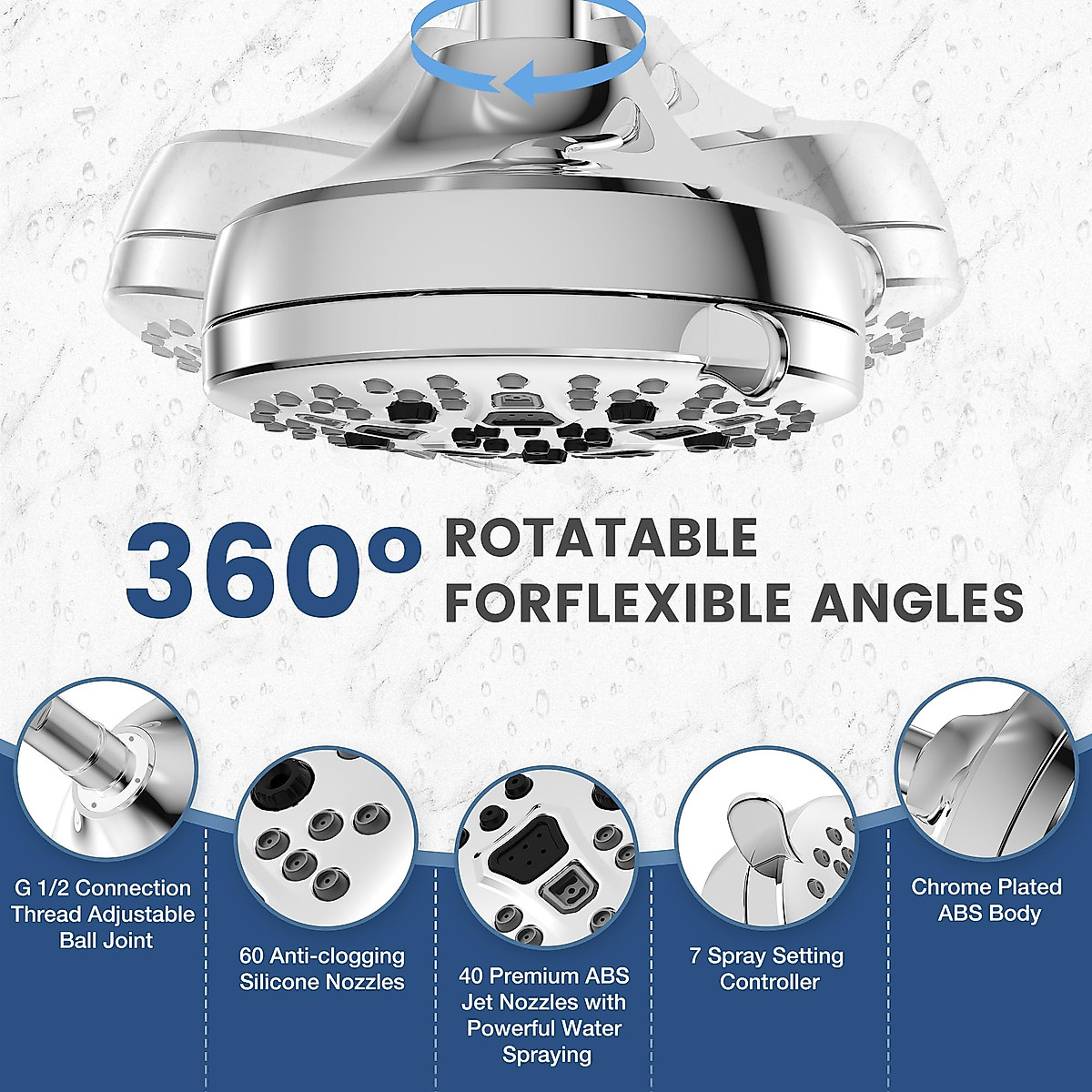 D DUSSAL Shower Head High Pressure 7-Spray Setting 4.7" High Flow Fixed Showerheads Rain Showerhead with Chrome Plated Finish, 360°Adjustable Brass Swivel Ball, Anti-Clogging Silicone Nozzles Joint