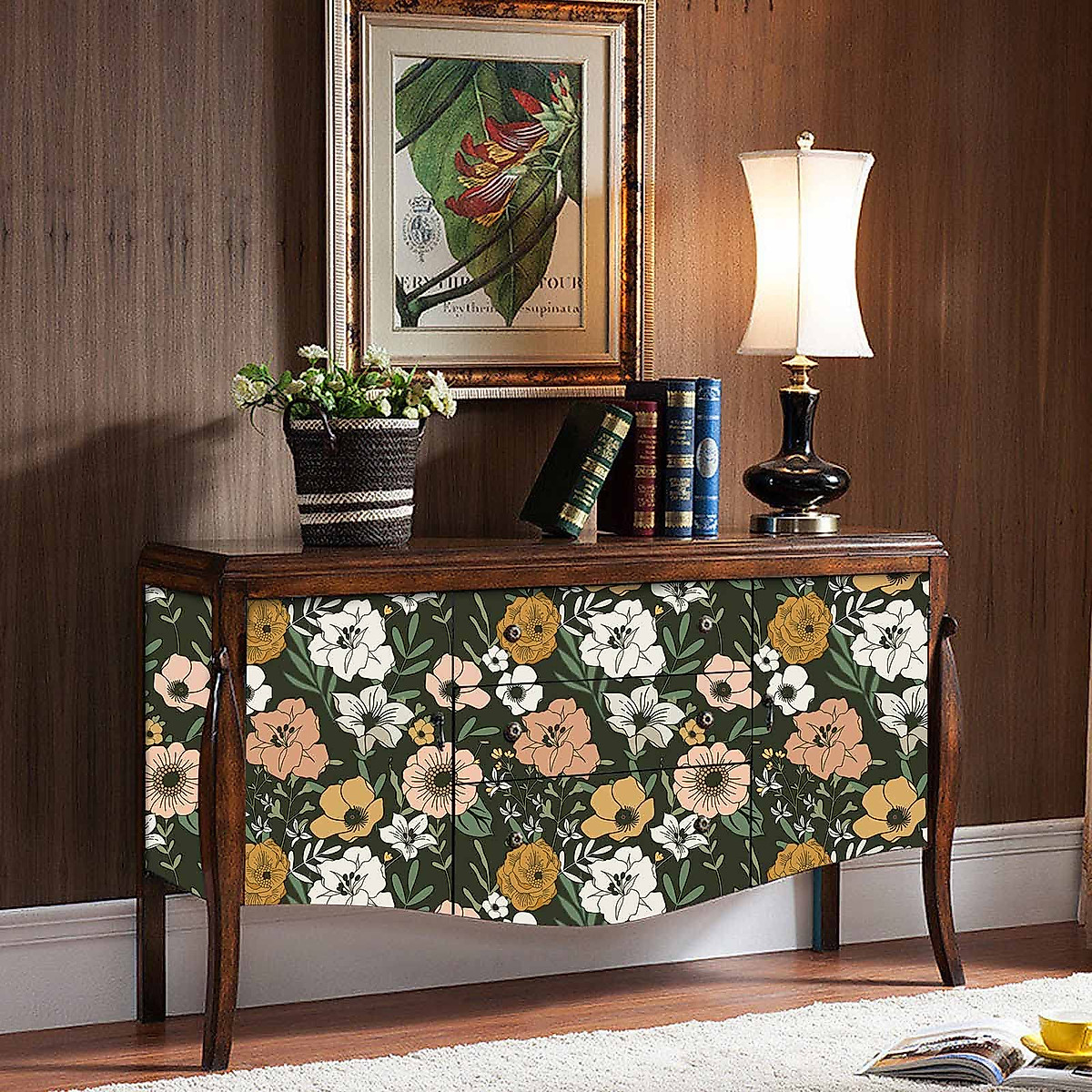 Abyssaly Vintage Large Floral Peel and Stick Wallpaper Boho, Retro Removable Flower Contact Paper for Bathroom, Dark/Sand/Green Vinyl Self Adhesive Wall Paper 17.7inchesx118inches