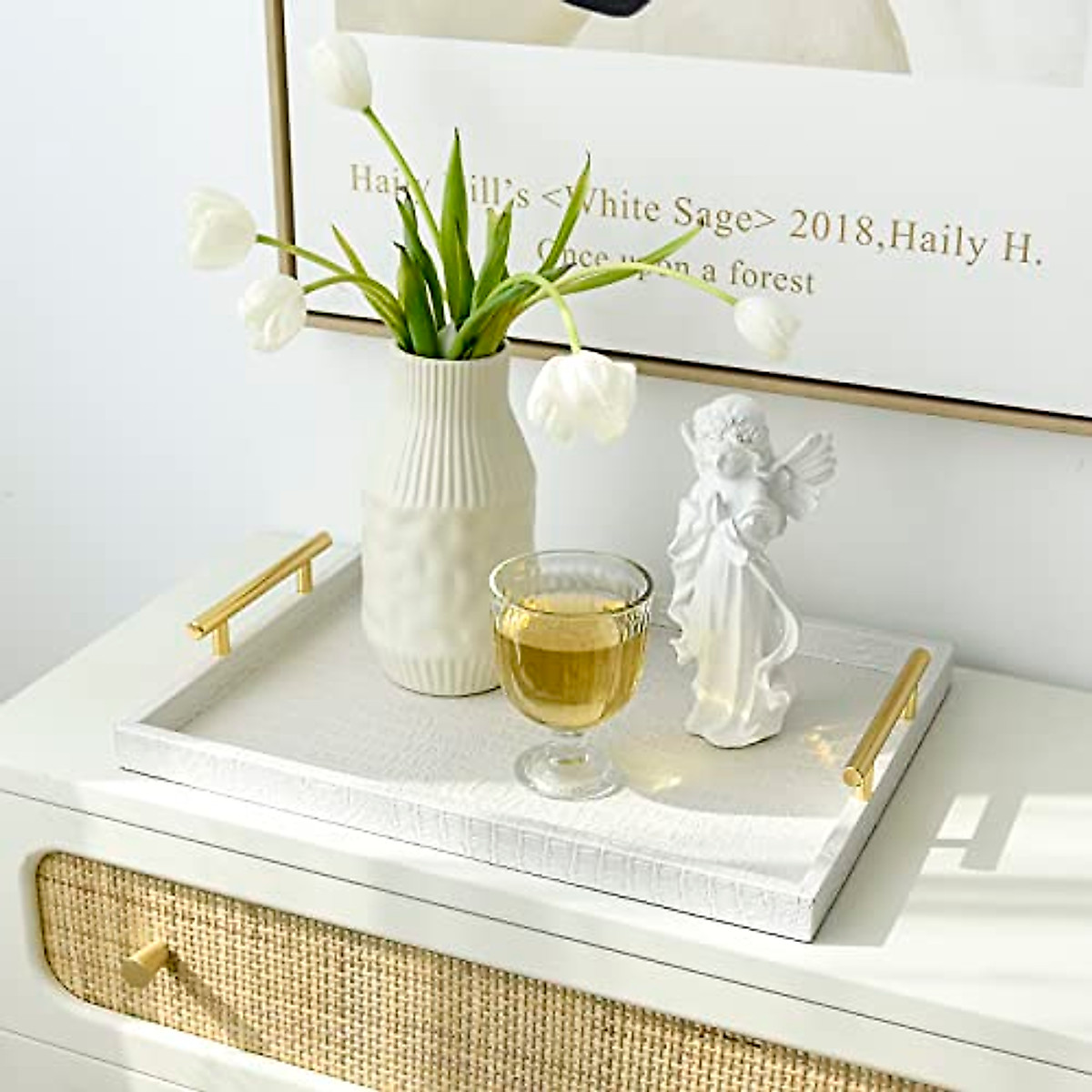 JUMBO HUMBLE Modern Elegant Large Wood Serving Tray, Set of 2 Pearl White Crocodile Leather with Gold Polished Metal Handles, Rectangle Decorative Tray Ottoman Tray Coffee Table Tray for Living Room
