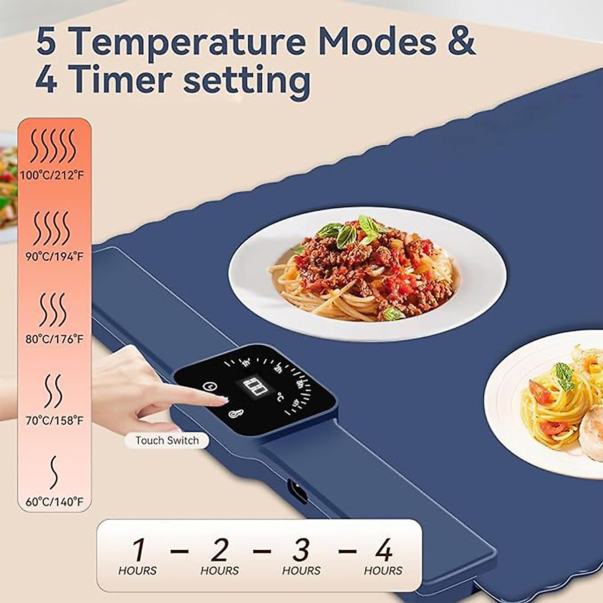 Food Warming Mat, 5 Level Adjustable Temperature, Silicone Heating Mat for Food, Auto-Off Timer, Flat 26 x 15 inch (Blue)