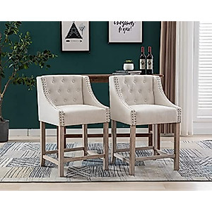 CIMOTA Counter Height Bar Stools Set of 2 Tufted Farmhouse Bar Chairs with Back Upholstered Mid Century Barstools with Wood Legs Kitchen Island Counter Stools for Home Bar, 25 Inch/Linen Beige
