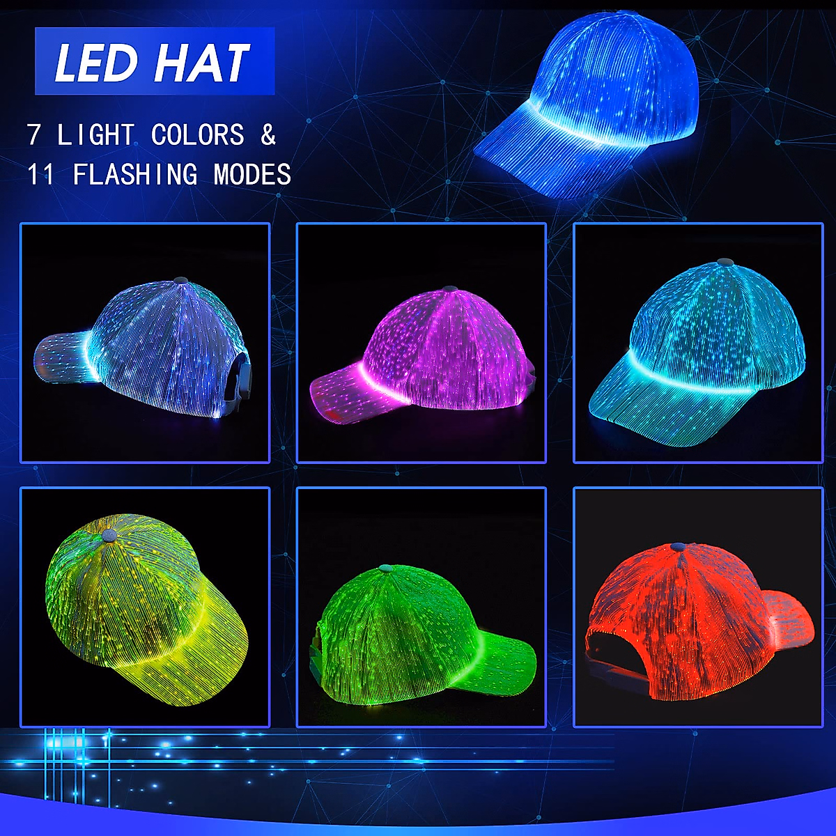 LED Hat Light up Baseball Cap 7 Colors Luminous LED Light Baseball Cap Flash Glow Hat Fiber Optic Cap for Men Women Glow in Dark Party Supplies