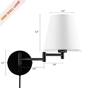 VONLUCE Modern Swing Arm Wall Mount Light Plug in, Corded Wall Lamps with White Fabric Shade, Black Metal Adjustable Wall Sconce, Wall Mount Lamp for Bedroom, Living Room, Bedside