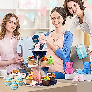 Gender Reveal Party Cupcake Stand Decorations, Blue and Pink 3 Tier Baby Shower Cupcake Toppers Tower Cardboard Supplies for Boy Girl Baby Gender Reveal Birthday Party Favors (Flower)