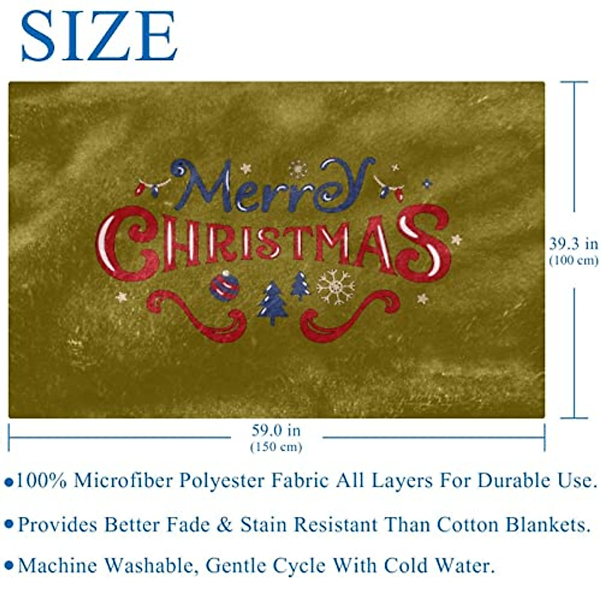 Merry Christmas Prints Soft Warm Cozy Blanket Throw for Bed Couch Sofa Picnic Camping Beach, 150×100cm