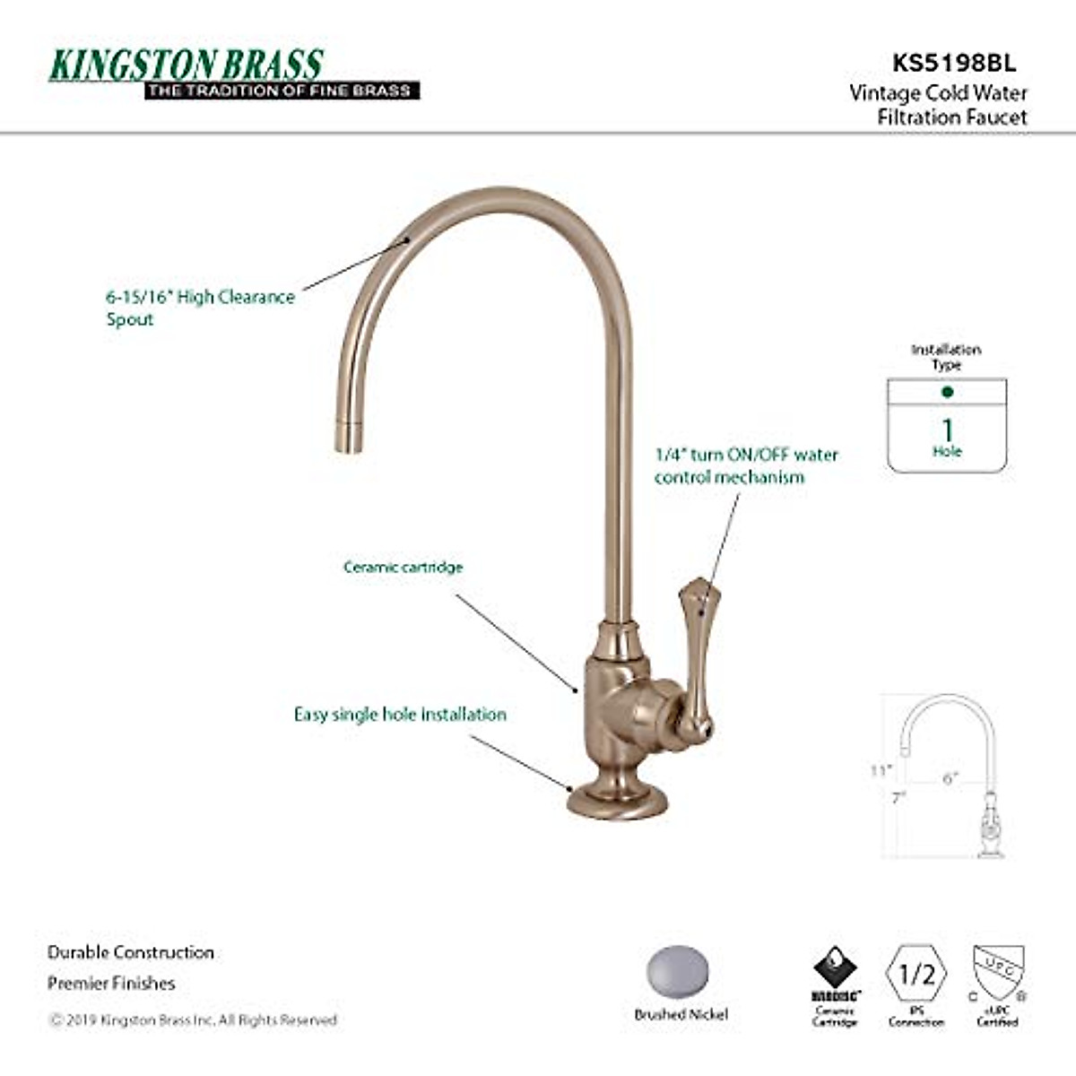 Kingston Brass KS5198BL Vintage Water Filtration Faucet, Brushed Nickel,11.13 x 6.94 x 5.81