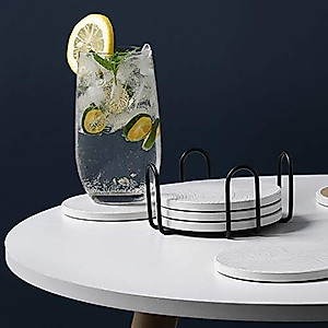 LIFVER Absorbent Drink Coasters with Holder, Set of 6 Ceramic Coasters with Cork Base, White Stone Coasters for Wooden Table, Housewarming Gift, White Elephant Gifts Idea, for Home Decor, 4 inches