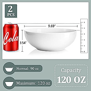 Yedio Pasta Serving Bowls 90 Ounce 9.7” Large Serving Bowls, Porcelain Salad Bowls for Kitchen, Big White Soup Bowls, Oven Dishwasher Safe, Set of 2