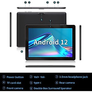 SGIN 10 Inches Tablet Computer, 2GB RAM 64GB ROM, Android 12 IPS Display, Quad-Core Processor 1.6GHz, 5000mWh Battery, TF Card 32GB Expansion, GPS, Bluetooth, Black, WiFi