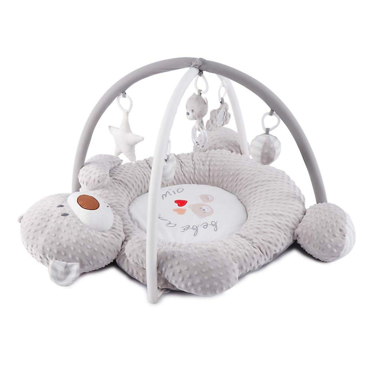 KUANDARM Grey Bear Shaped Baby Play Mat with Fitness Frame Cute Pendants Newborn Activity Centre Toddler Game Blanket
