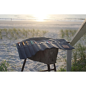 Earth & Fiber Co. Compact Waxed Canvas Paint Brush Holder - Portable Art Bag for Painting & Drawing - Art Supplies Organizer - Storage Roll Bag for Artists (blue)