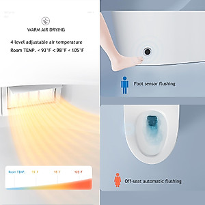 Smart Toilet With Bidet Built in Heated Seat, Auto Open/Close Lid, Modern Toilet Elongated, One Piece Tankless, LED Display, Night Light, Warm Water/Air Dry, Auto Flush, Foot Sensor, Remote Control