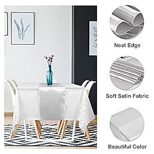 MASHAN 16Pack Disposable Plastic Tablecloths and Satin Table Runner Set White and Silver Dot Tablecloth Silver Satin Table Runner for Wedding Birthday Baby Shower Christmas New Year Party Decorations
