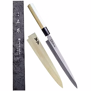 MASAMOTO KS Japanese Yanagiba Sushi Knife with Sheath 9.5" (240mm) [HONBAZUKE] Made in JAPAN, Professional Sashimi Knife, Ultra Sharp Japanese Carbon Steel Blade, Wood Wa Handle, Black Ferrule