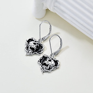 VONALA Skull Earrings 925 Sterling Silver Skeleton Dangle Dangling Drop Charm Leverback Earrings Gothic Punk Jewelry Halloween Gifts for Women Men