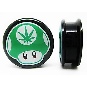 Pierced Republic Green 1-Up Mushroom Pot Leaf Ear Plugs - Acrylic Screw-On - 10 Sizes - *Pair* (0 Gauge (8mm))