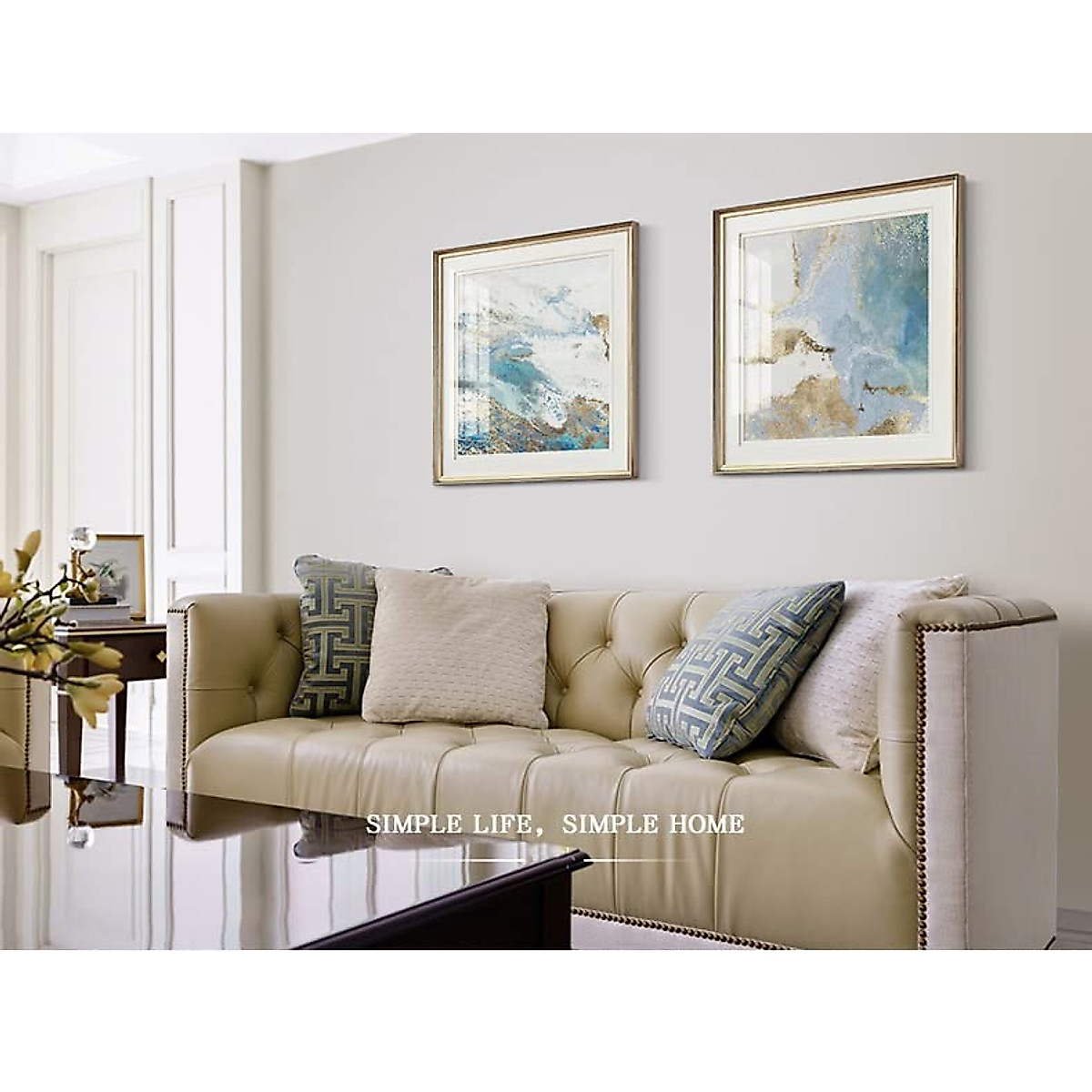 Gold and Blue Abstract Wall Art For Living Room- Framed Modern Print Glass Wall Decor For Office- 4 Piece Artwork for Bedroom Bathroom Home Decoration Ready to Hang 20x20 inches x4