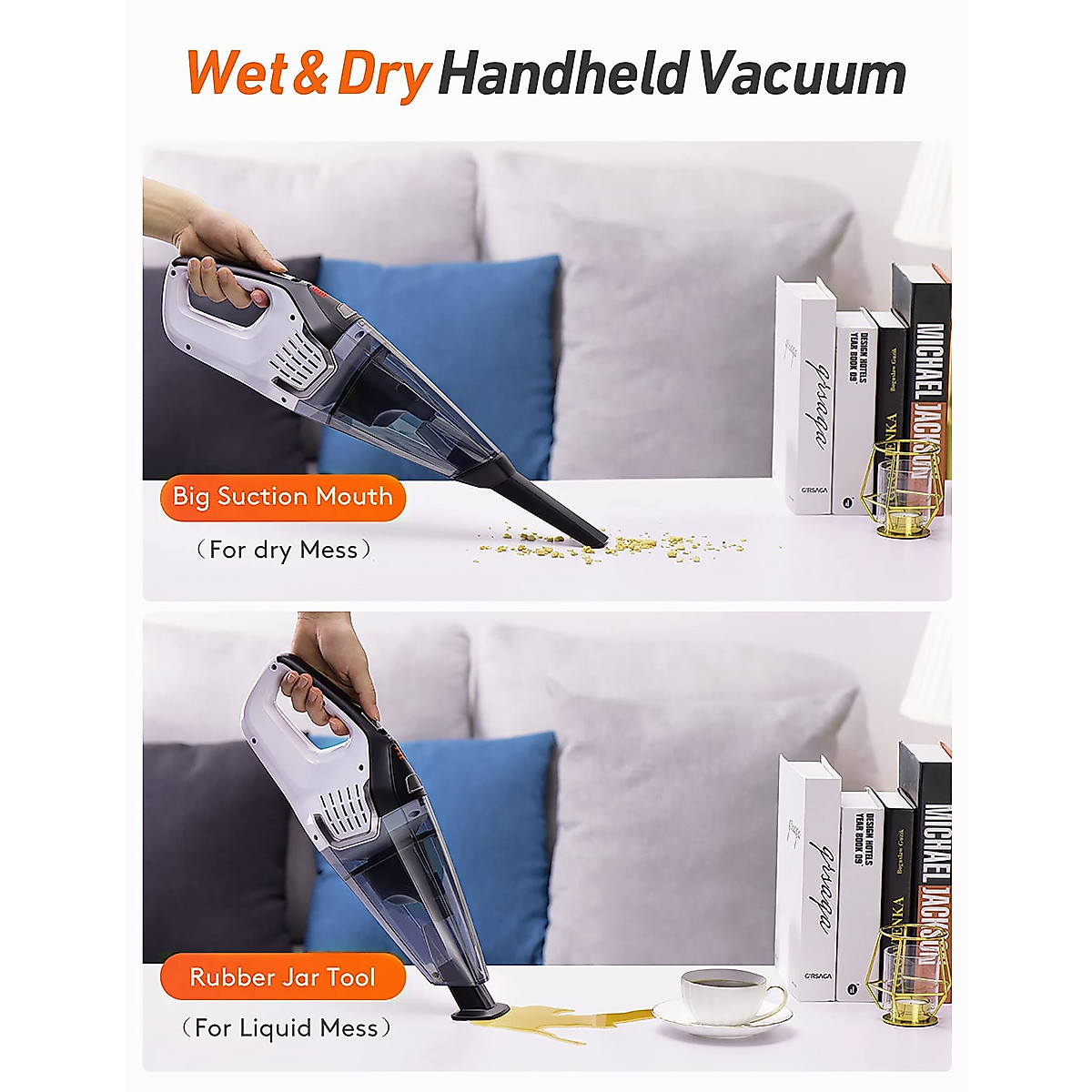 Handheld Vacuum Cordless Rechargeable, 8500Pa Powerful Handheld Vacuum Cleaner for Wet&Dry Use, Portable Handheld Vacuum Cleaner for Car/Home/Pet Hair Cleanup, Vac with Charging Dock&2 HEPA Filters
