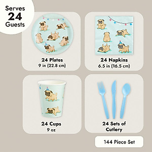 144 Piece Pug Party Supplies, Dog Birthday Decorations with Paper Plates, Napkins, Cups, and Cutlery (Serves 24)