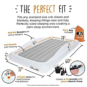 The Shrunks Toddler Travel Bed Portable Inflatable Air Mattress Blow Up Bed for Indoor/Outdoor Camping, Backyard, Hotel, or Home Use Kids/Toddler Floor Bed with Side Bed Rails and Electric Pump Grey