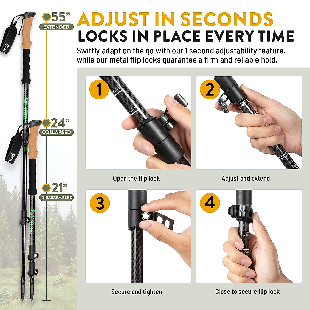 Hiker Hunger Carbon Fiber Trekking Poles | Collapsible Walking Sticks for Travel | Walking Poles for Women | Hiking Poles for Men | Hiking Sticks | Walking Stick - 3k Black & Green Cork