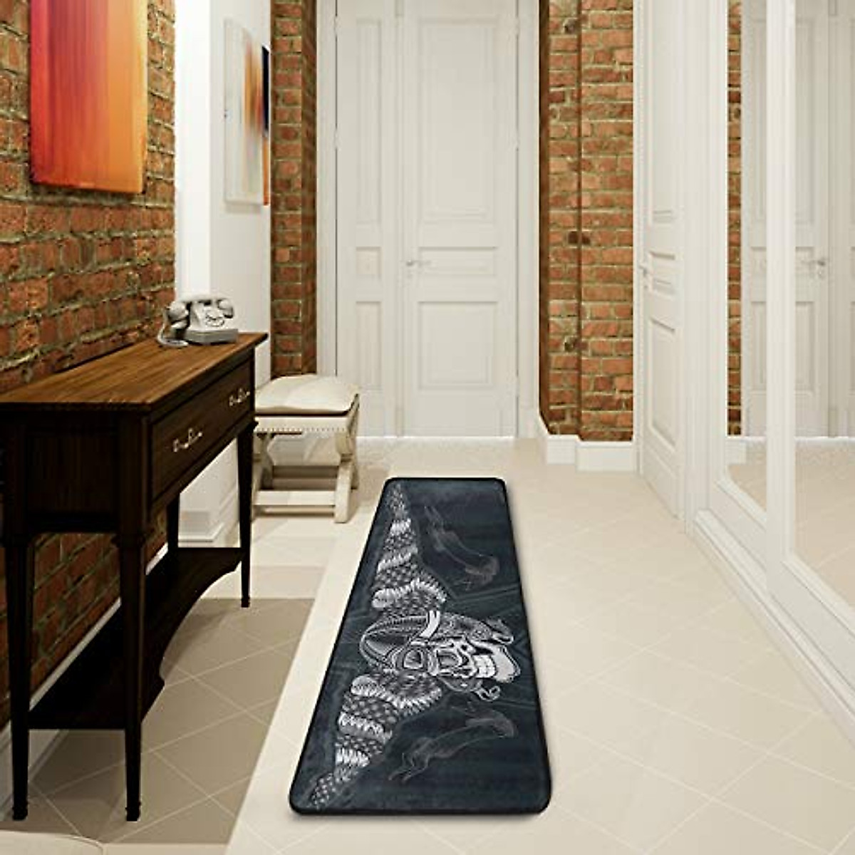Skull with Vintage Motorcycle Runner Rug Floor Mat Non-Skid Kitchen Rug Soft Area Rug for Bathroom Entryway Hallway Dining Living Room