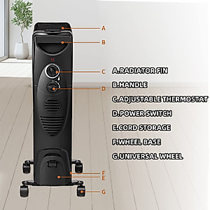 R.W.FLAME Oil Filled Radiator Heater - 3 Heat Settings, Adjustable Thermostat, Quiet and Portable Space Heater with Tip-over & Overheating Functions (27", Black)