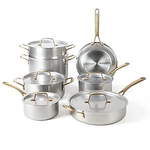 MARTHA STEWART Vintage 18/8 Triply Stainless Steel 12 Piece Cookware Set w/Gold Handles