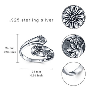 SVODEA Sunflower Rings for Women 925 Sterling Silver Vintage Spoon Ring Daisy Adjustable Rings You are My Sunshine Flower Statement Band for Women