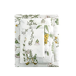 Wake In Cloud - Botanical Sheet Set, Yellow Flowers and Green Leaves Floral Garden Pattern Printed on White, Soft Microfiber Bedding (4pcs, Queen Size)