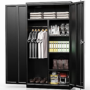 INTERGREAT Metal Storage Cabinet with Locking Doors, 72" Tall Storage Wardrobe with Lock and Hanging Rod, Steel Storage Locker Closet with 4 Adjustable Shelves for Home Office, Garage, Black