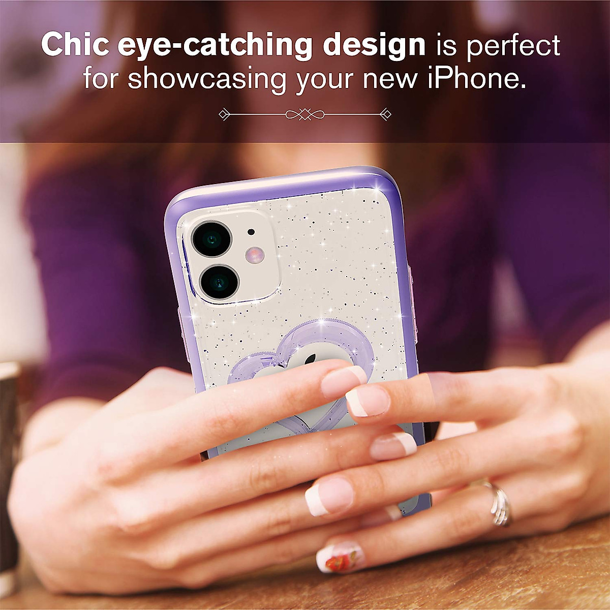 VENA iPhone 12 Mini Glitter Case, vLove (Heart Shape, CornerGuard Protection) Dual Layer Slim Hybrid Clear Bumper Cover Designed for Apple iPhone 12 Mini (5.4"-inch) - Purple