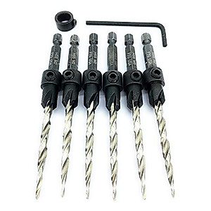 FTG Maximum Torque 6 Piece Same Size #10 (3/16") Pro Pack Countersink Drill Bit Set with 1 Depth Stop Collar 3/8" and 1 Hex Wrench plus 3 Piece Replacement Countersink Drill Bit Only with 1 Hex Wrench