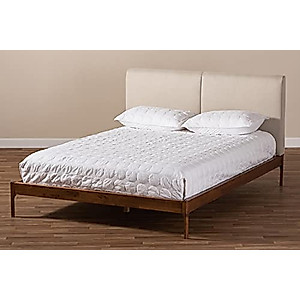 Baxton Studio Aveneil Mid-Century Modern Beige Fabric Upholstered Walnut Finished King Size Platform Bed