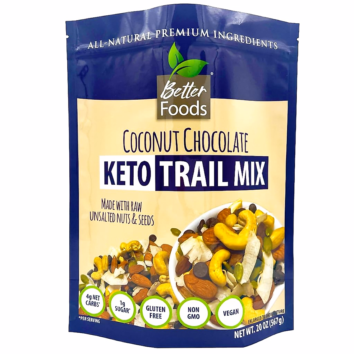 BetterFoods Coconut Chocolate Keto Trail Mix | Vegan, Keto-Friendly, Only 1g Sugar & 4g Net Carbs | Almonds, Cashews, Sugar-Free Chocolate Chips & Organic Coconut Blend, 20oz