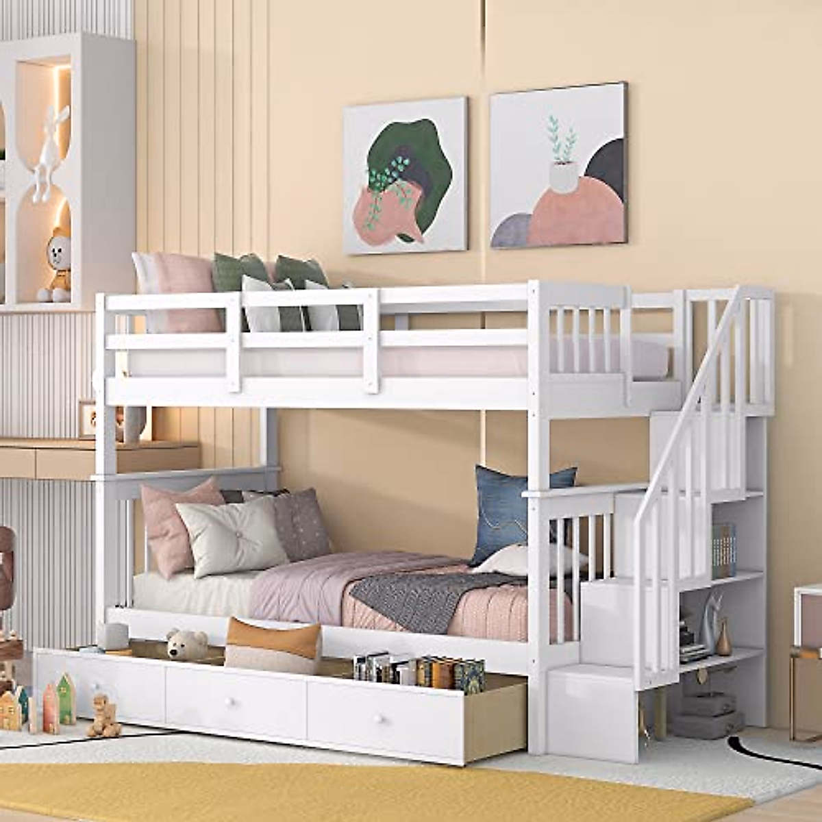 Full Over Full Bunk Beds with Drawers and Stairs Wood Bunk Bed Frame with Storage for Kids Teens Adult, Detachable Bunked for Boys Girls Women Men, White