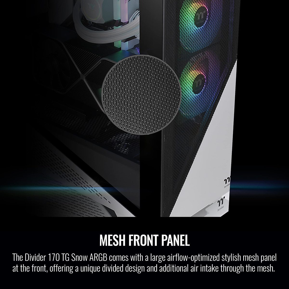 Thermaltake Divider 170 TG ARGB Motherboard Sync mATX Computer Case with 2x120mm ARGB Fan Pre-Installed, Tempered Glass Side Panel, Ventilated Front Mesh Panel, CA-1S4-00S6WN-00, White