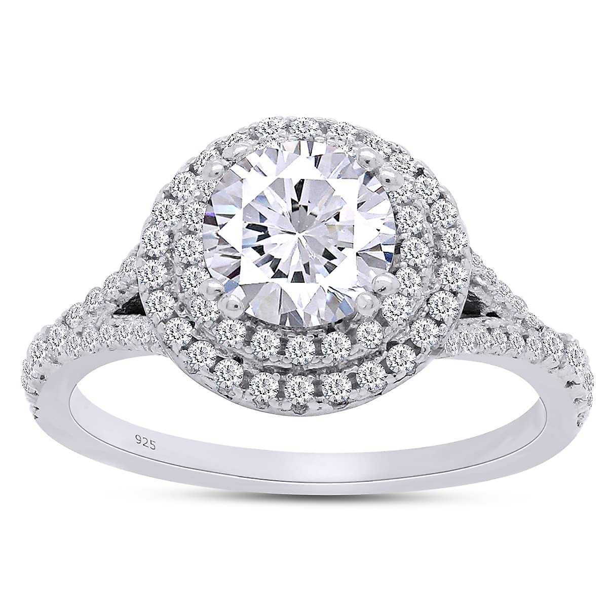 SAVEARTH DIAMONDS 6MM Center Round Cut Sparkling Cubic Zirconia Split Shank Double Halo Engagement Ring In 14k White Gold Over Sterling Silver Jewelry For Women Gifts For Her-6.5