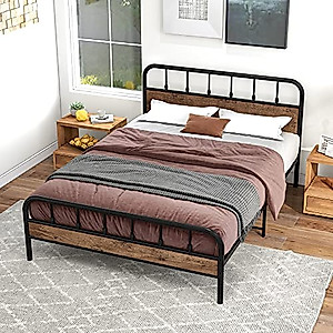 JURMERRY Metal Platform Bed Frame with Wooden Headboard and Footboard Heavy Duty Steel Support, Mattress Foundation, No Box Spring Needed, Easy Assembly, Queen Black