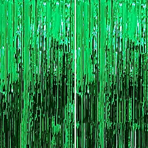 Dazzle Bright 2 Pack Backdrop Curtain, 3FT x 8FT Metallic Tinsel Foil Fringe Curtains Photo Booth Background for Baby Shower Party Birthday Wedding Engagement Bridal Shower Decorations, Green