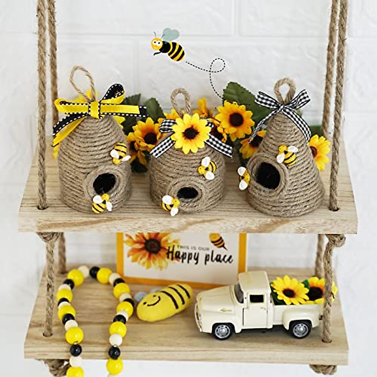 Bee Hive Decor,3 Pack Bumble Bee Rustic Decor Hive,Natural Bee House, Bumble Bee Theme Party Decor Spring Summer Rustic Farmhouse Kitchecn Table Decor, Honey Bee Tiered Tray Decor