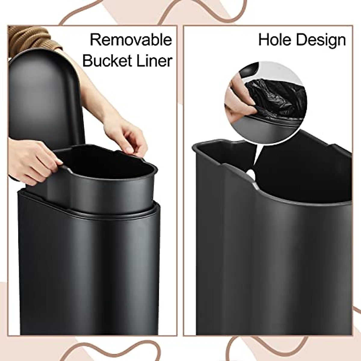 Black Kitchen Trash Can Combo Set, Step Metal Garbage Cans with Lid, 10.6+2.6 Gallon Big Small Trash Can for Kitchen, Office, Bathroom