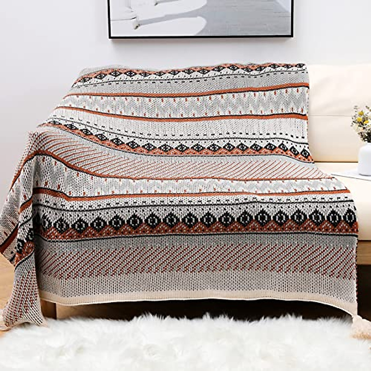 SahSahCasa Bohemian Knitted Throw Blanket wiz Tassels, Brown Throw Blanket for Sofa, Couch, Bed, Camping, Bohemian Decor for Room, Bedroom, Living Room